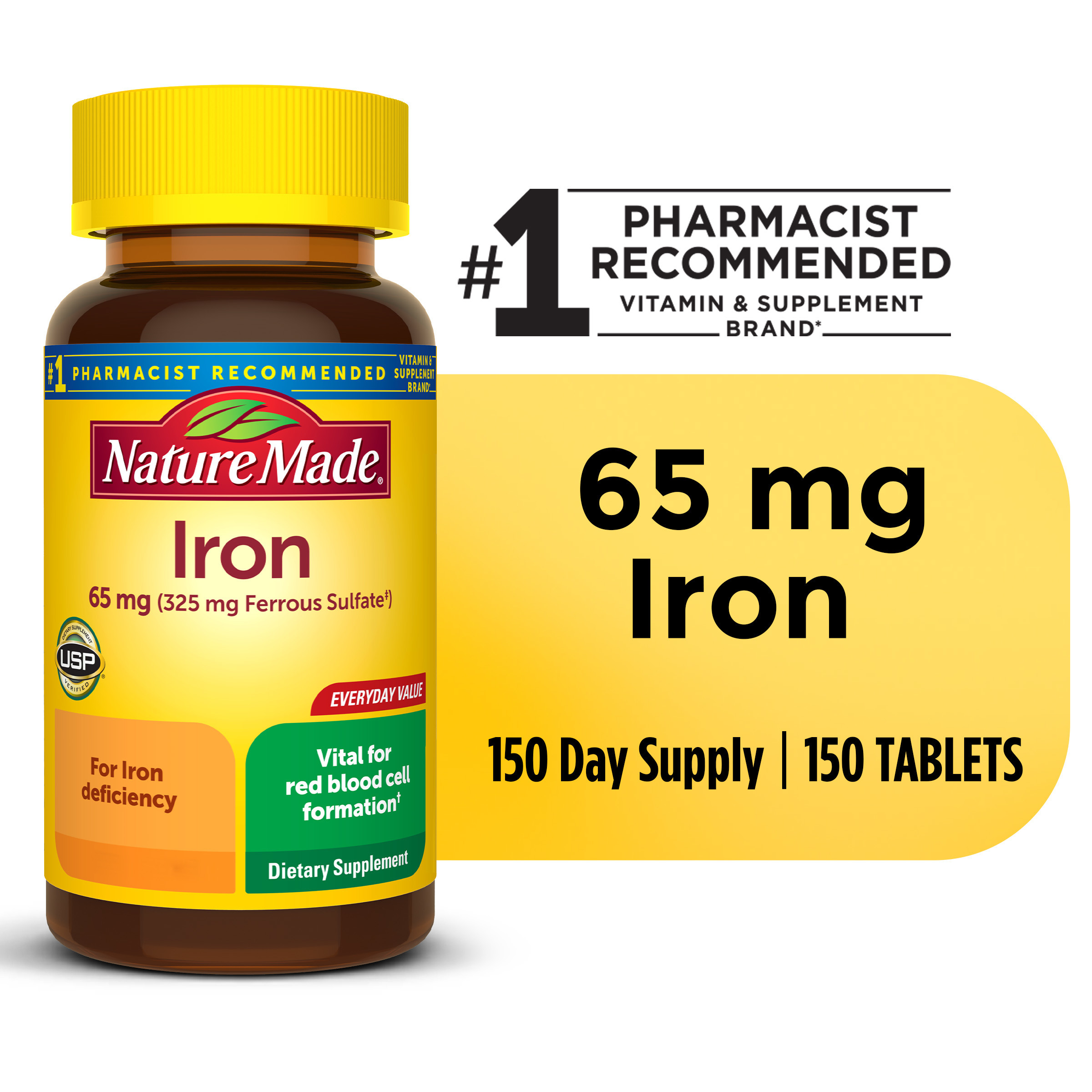 Nature Made Iron 65 mg (325 mg Ferrous Sulfate) Tablets, Dietary ...