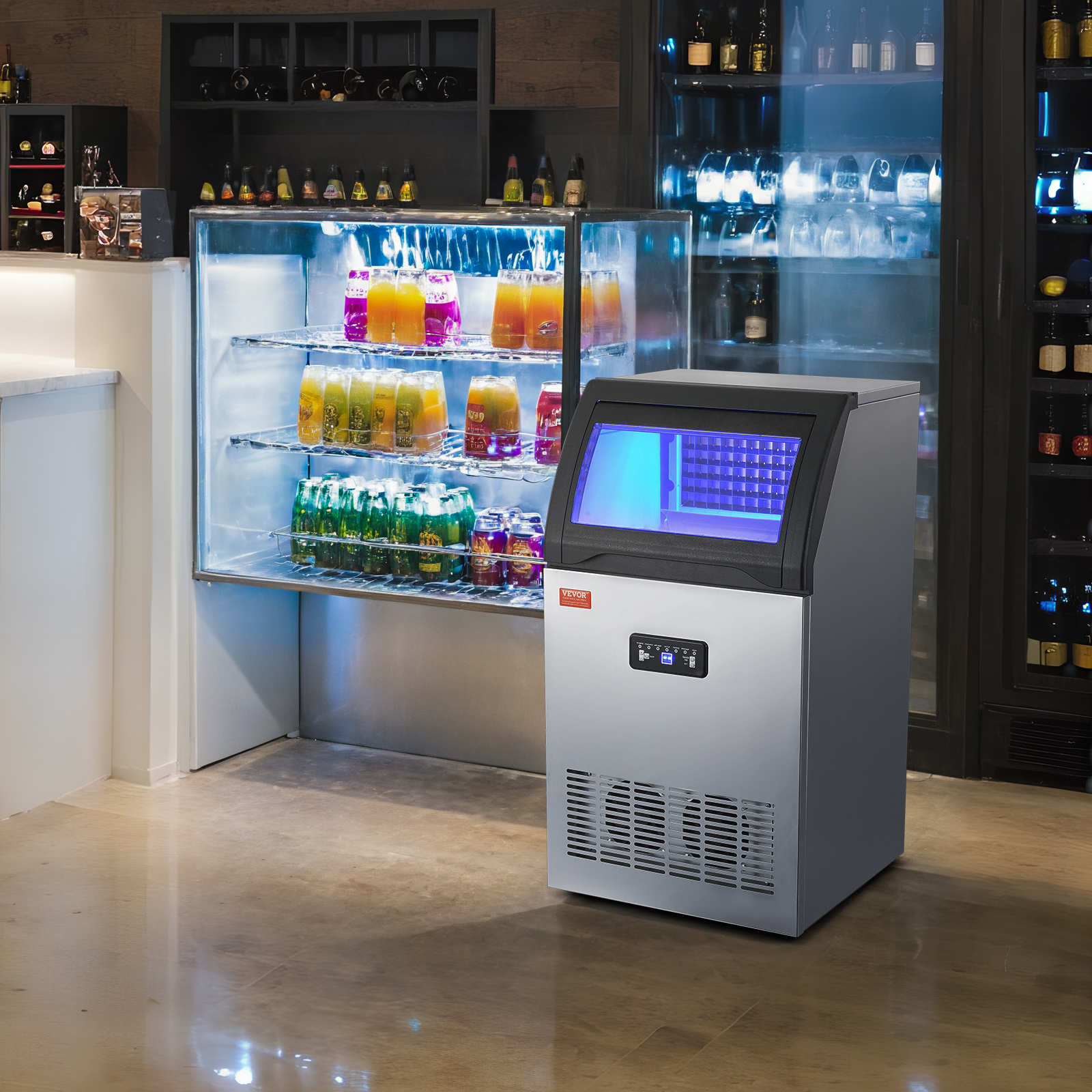 BENTISM 110V Commercial Ice Maker 110 lbs/24h with 44 lbs Bin, Clear Cube, LED Panel, Stainless ...