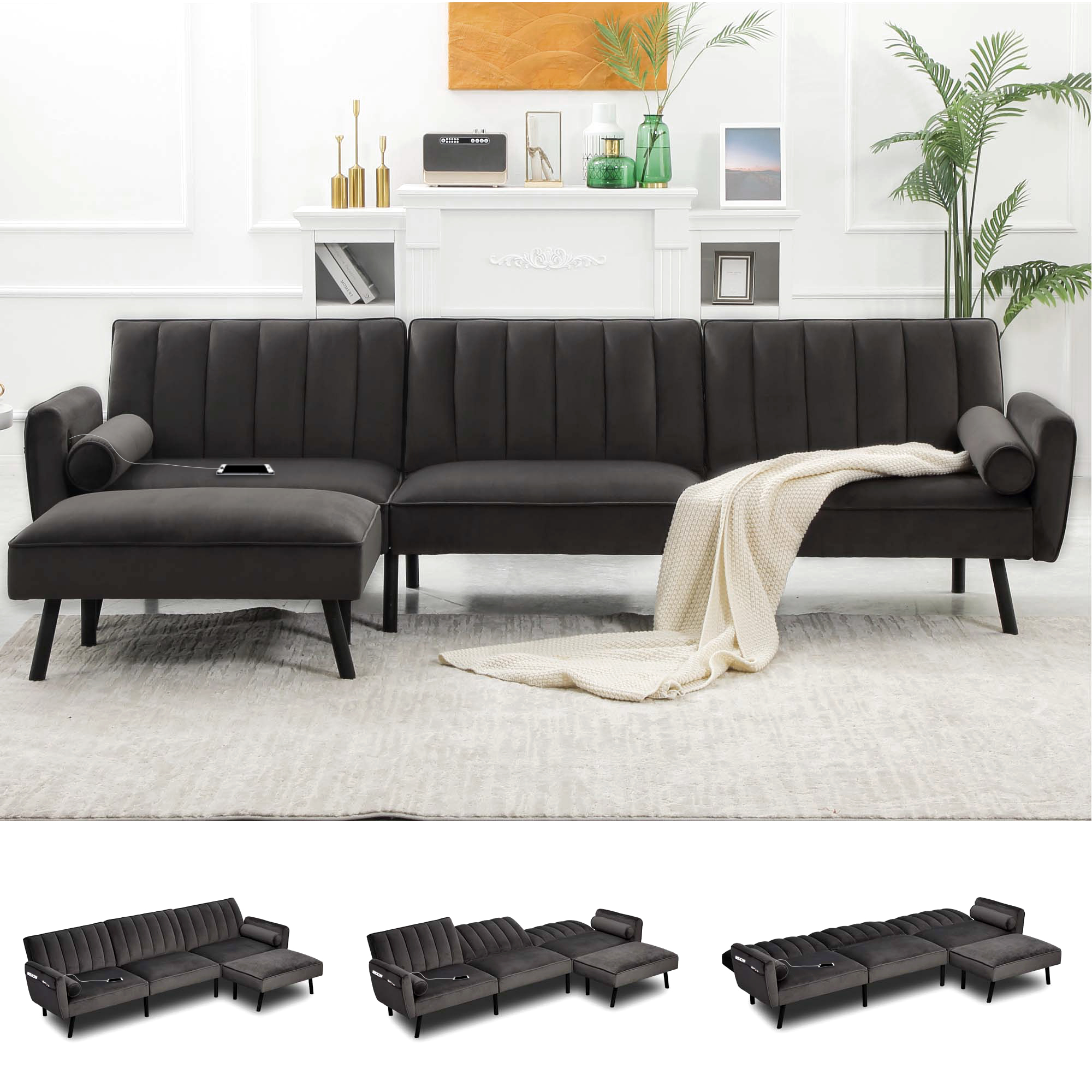 Duraspace Velvet Sectional Sleeping Sofa Bed Couch with Usb Ottoman ...