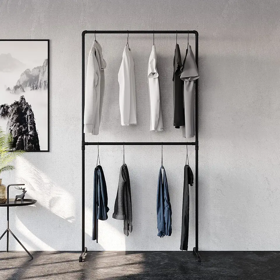 Pipe Wardrobe System - Double Rail Freestanding Wardrobe With Black ...
