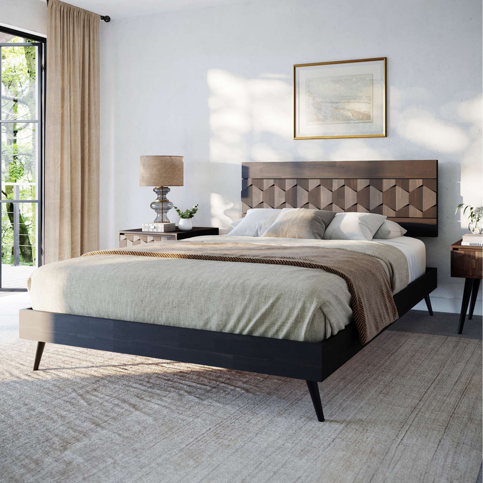 Aile Patronza Queen Solid Wood Bed Frame, Platform Bed, Rhombus Pattern ...