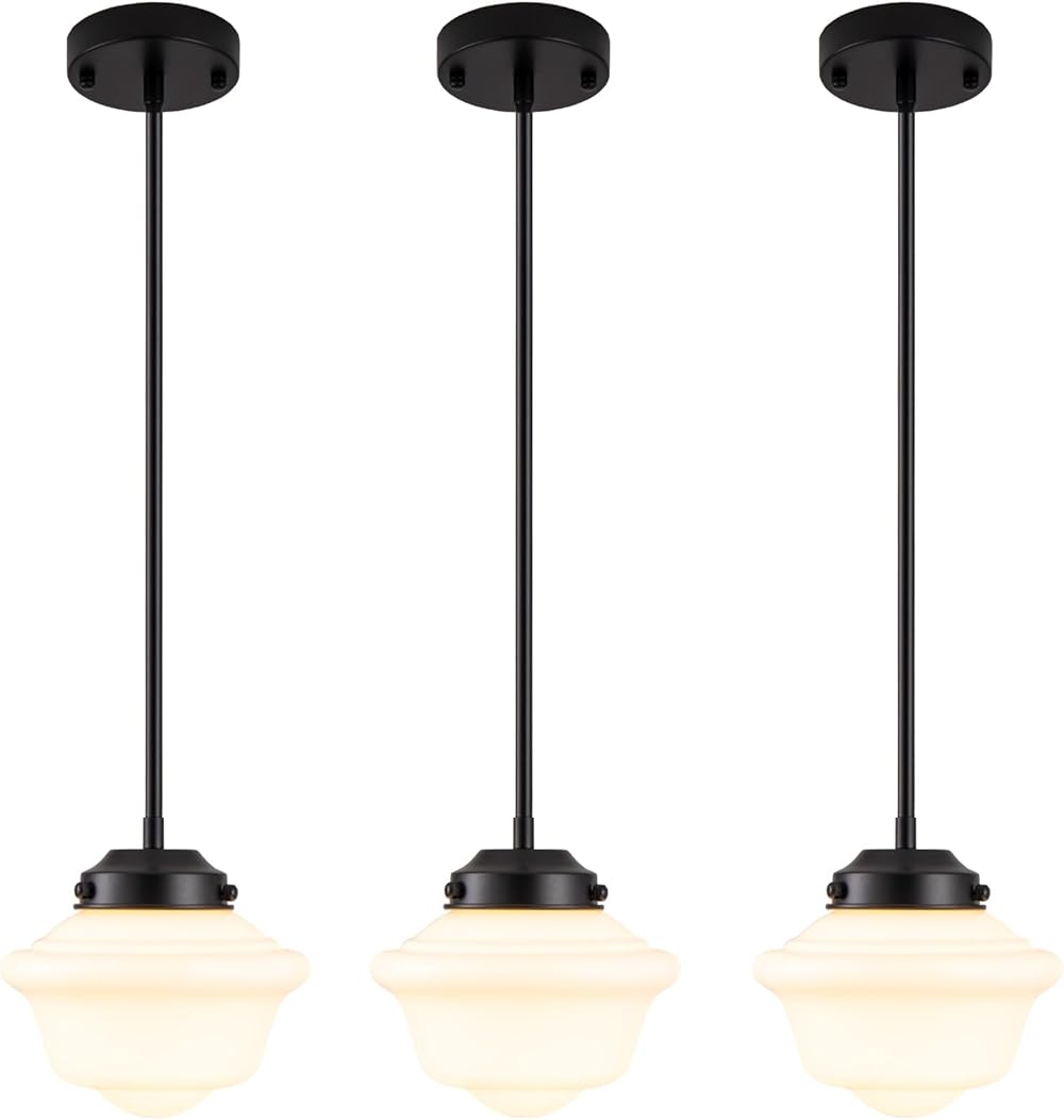 Set of 3 Schoolhouse Pendant Light, 8" Farmhouse Black Pendant Light ...
