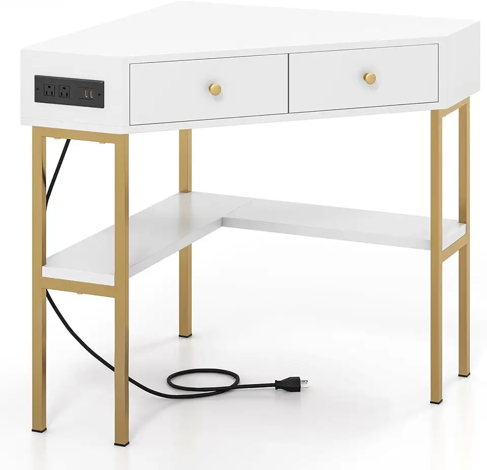 Corner Desk with Charging Station, 90° Triangle Desk w/ 2 Drawers ...