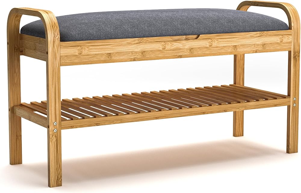 Lark Contemporary Bamboo Shoe Storage Bench with Linen Flip Top Cushion ...