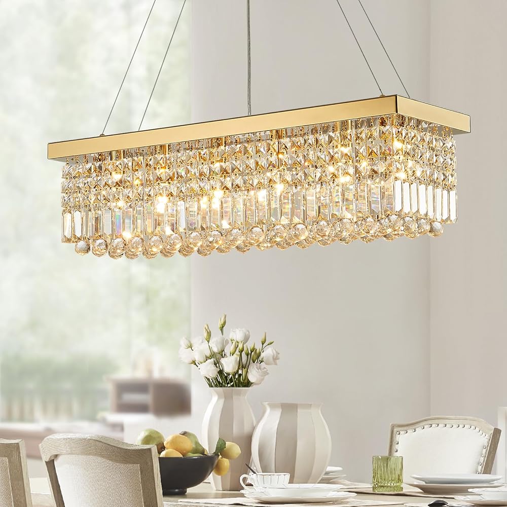 Siljoy 6-Light Modern Crystal Chandelier Rectangular Gold K9 Crystal ...