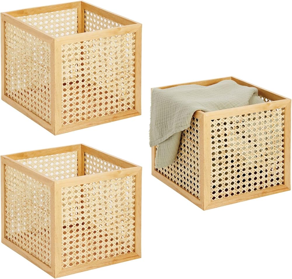 mDesign Wooden Square Bin, Natural Cane Organizer Storage Bin Box for ...