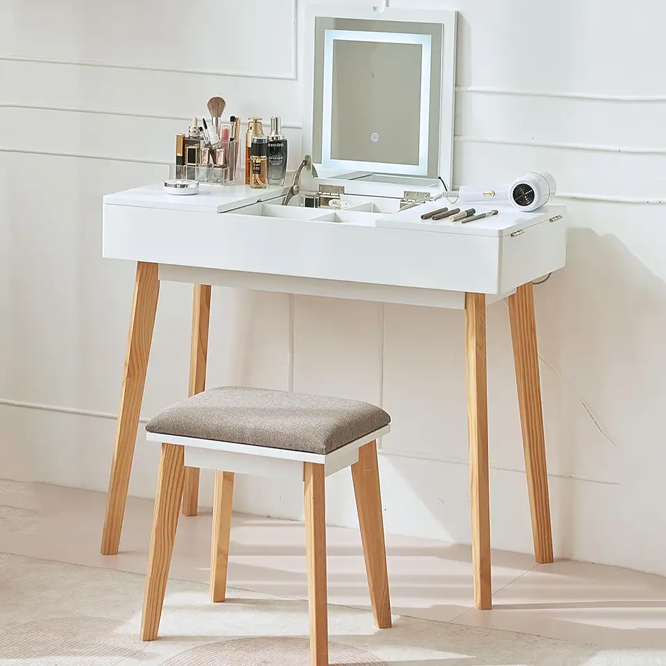 Vanity Desk Set, Flip Top Vanity Table with LED Mirror and Light Power ...