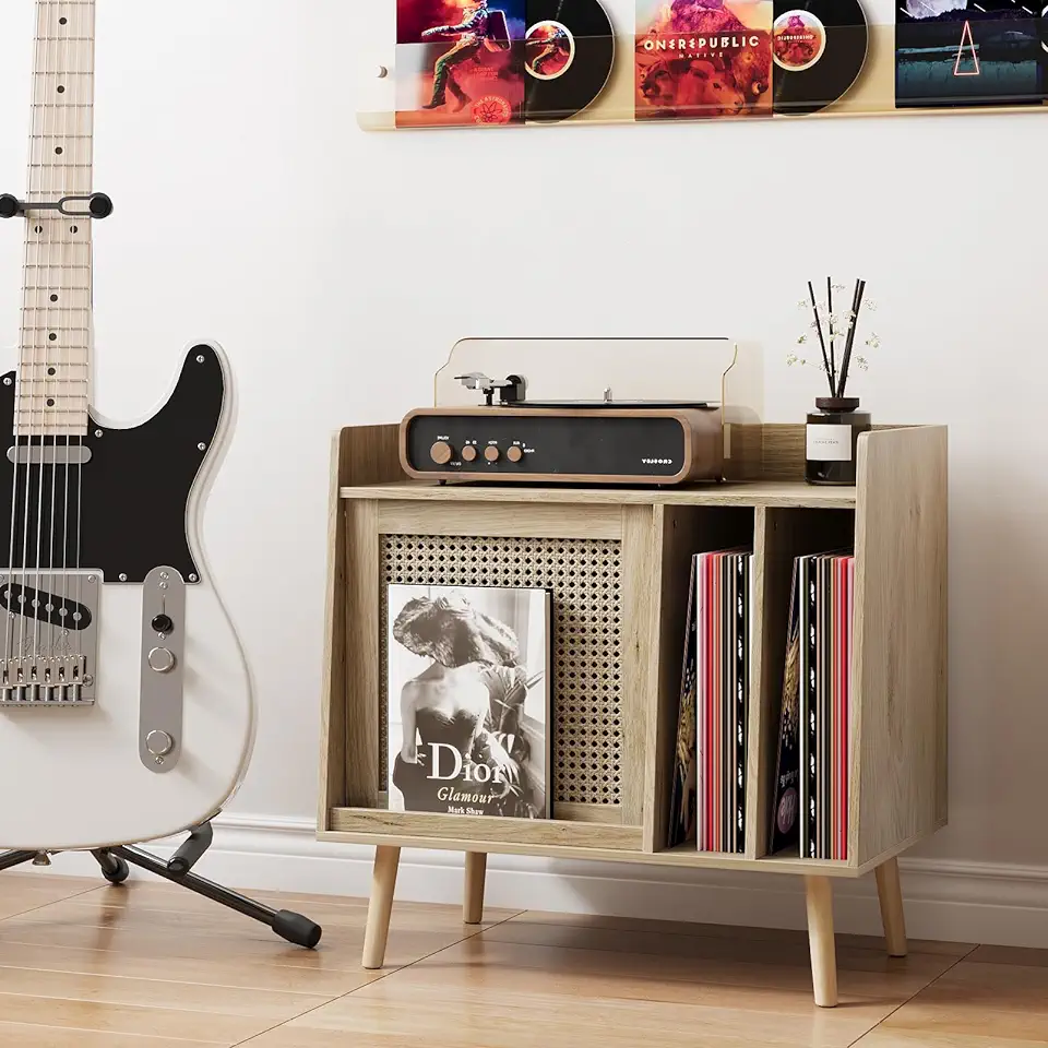 Record Player Stand with Rattan Flip-Up Record & Magazine Display Rack ...