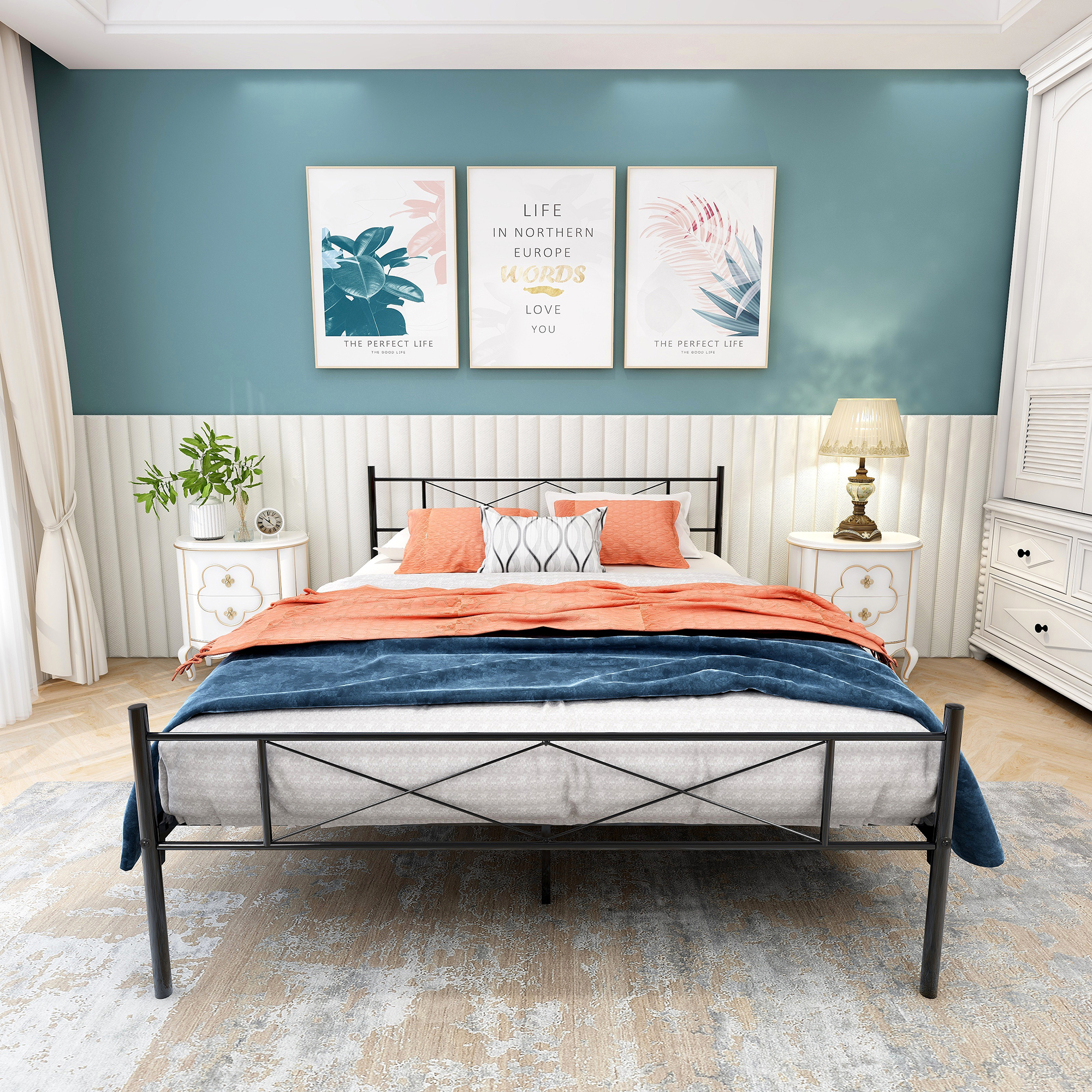 SESSLIFE Vintage Sturdy Queen Size Metal Bed Frame with X-shaped Design ...