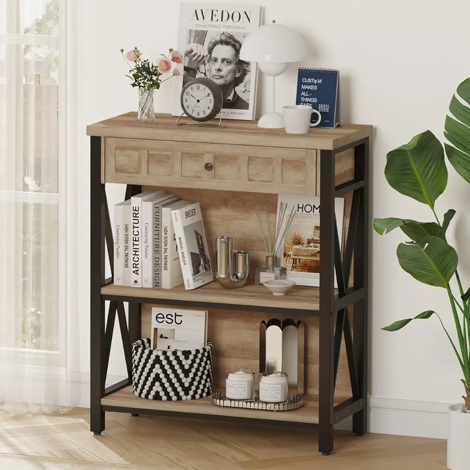FATORRI Rustic Bookshelf with Drawer and 2 Tier Shelf, Industrial Wood ...