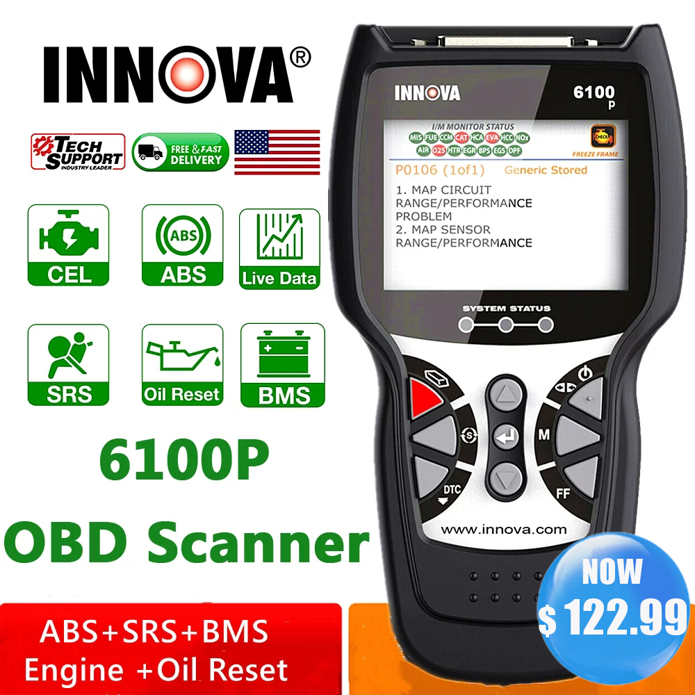 INNOVA 6100P OBD2 Scanner SRS Engine ABS Code Reader Oil Light Reset Automotive Diagnostic Tool ...
