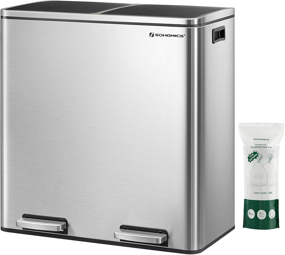 SONGMICS Trash Can, 2 x 8-Gallon Garbage Can for Kitchen, with 15 Trash ...