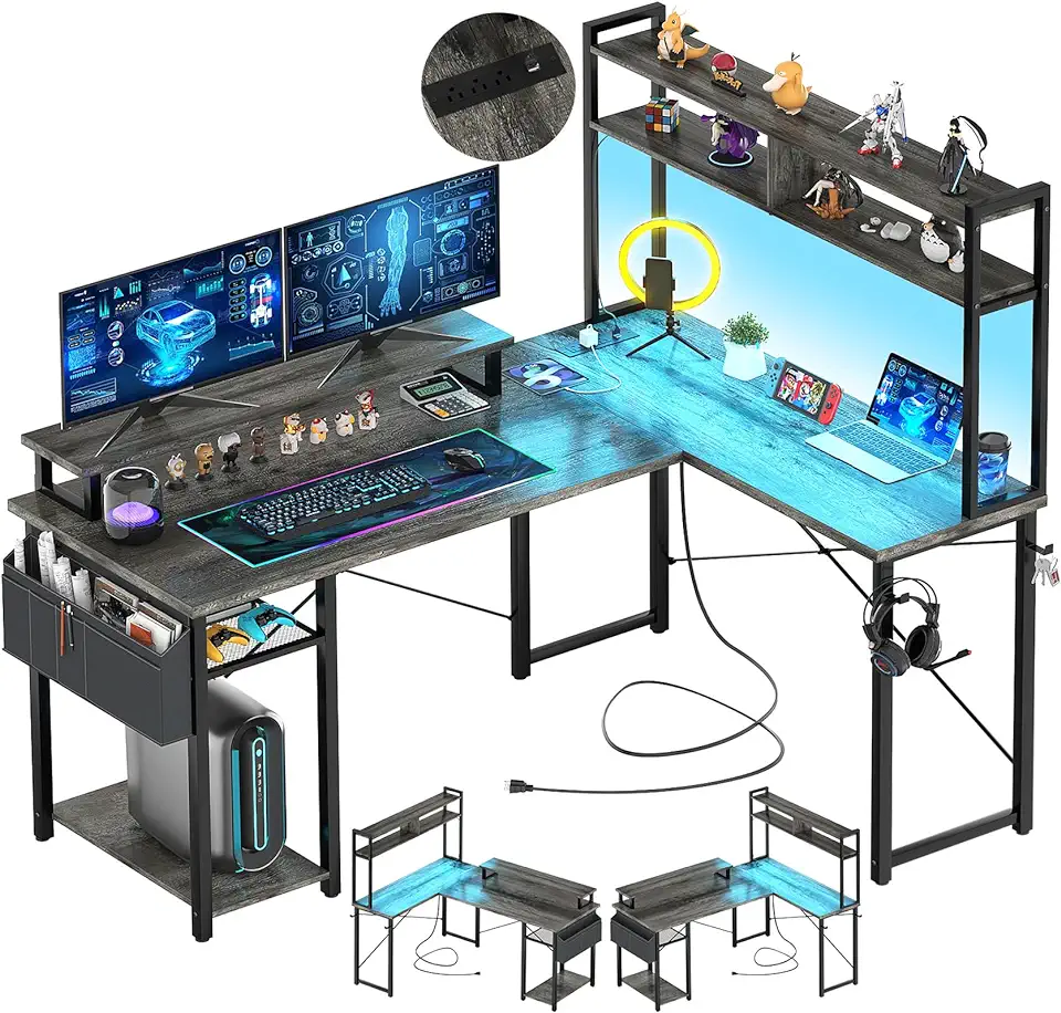 Aheaplus Small L Shaped Gaming Desk with LED Lights & Power Outlets ...