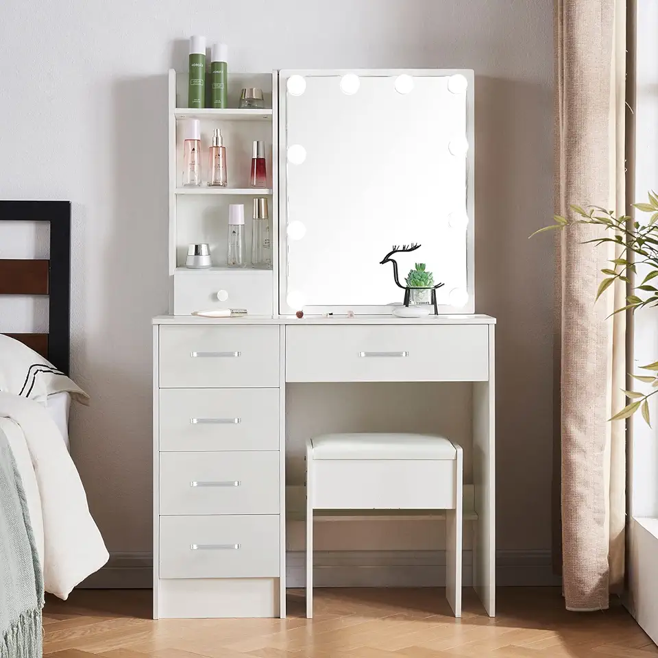 White Modern Makeup Vanity Desk with Lights and Mirror, Makeup Table ...