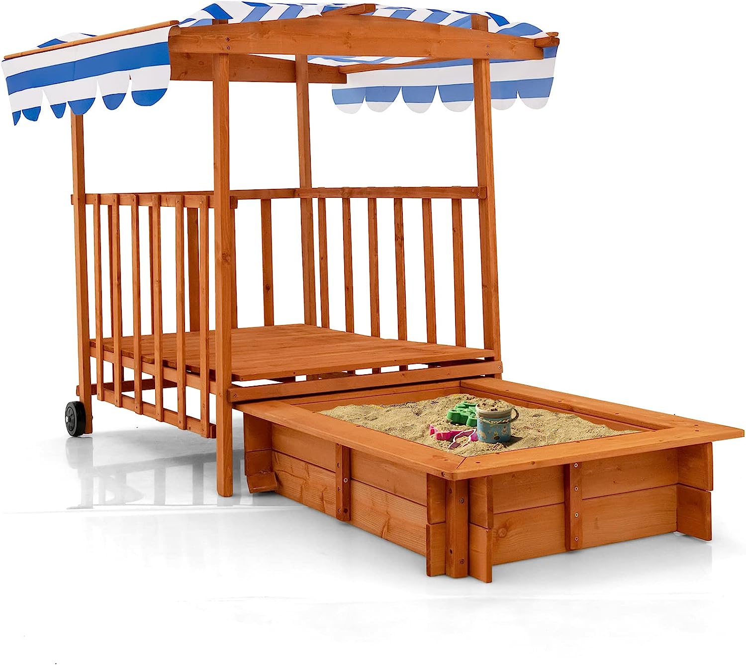 INFANS Kids Sandbox with Canopy and Cover, Rear Wheels, Wooden Cedar ...