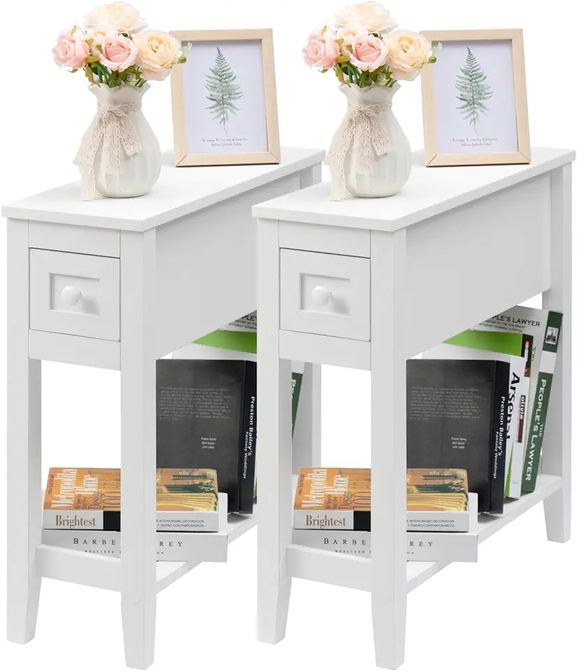 Narrow Side Table for Small Spaces, White Side Table with Drawer, Slim ...