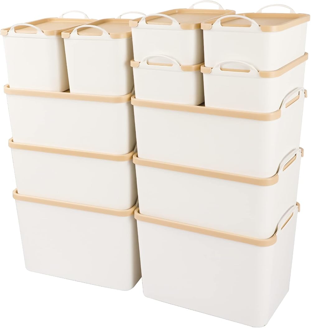 ANMINY 12PCS All-in-One Lidded Plastic Storage Bins Set White Desk ...