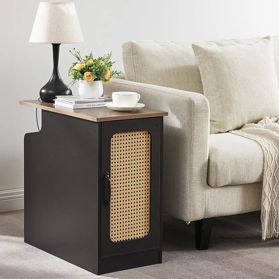 Narrow End Table with Charging Station, 2 USB Ports and Outlets, Rattan ...