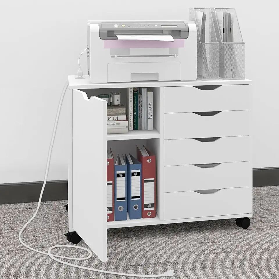 PUNCIA 5-Drawer Mobilable Wood File Storage Cabinets with Power Outlets ...