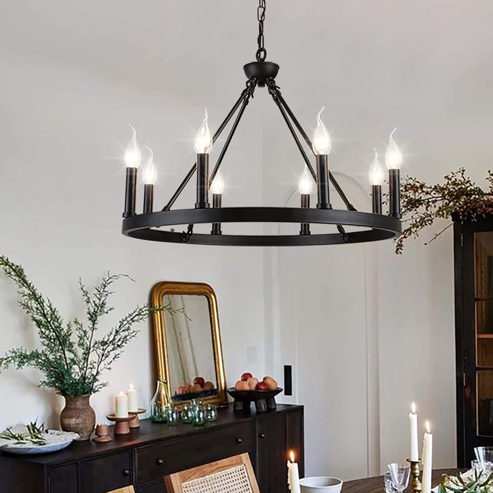 8-Light Candle Style Black Wagon Wheel Chandelier, Retro Farmhouse ...
