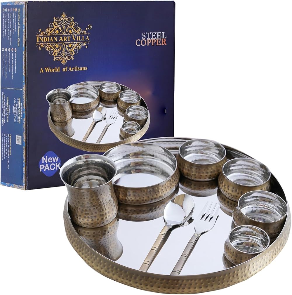 Indian Art Villa Pure Brass Curve Design Dinner Set - 9 Piece thali set ...