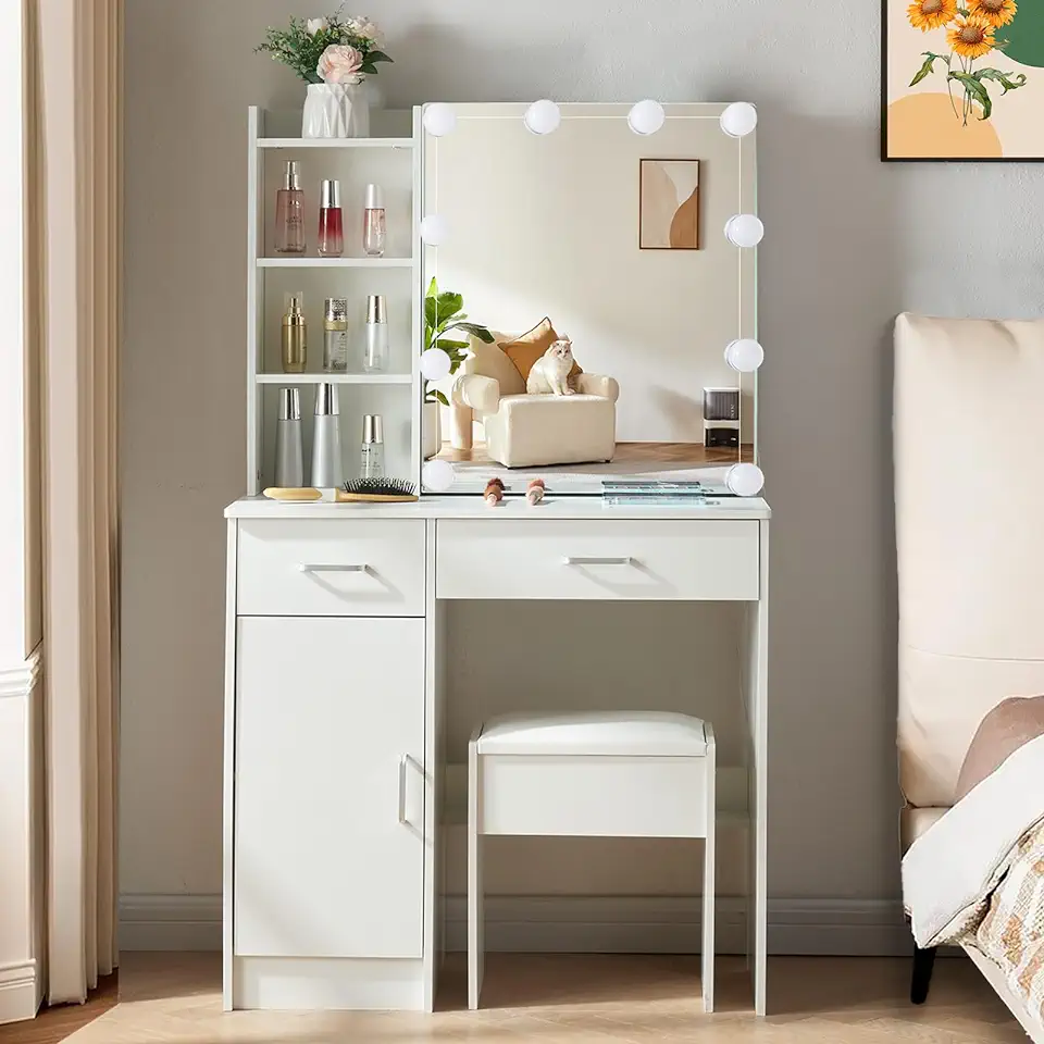 Vanity Set with Sliding Mirror and Stool, White Vanity Desk with ...