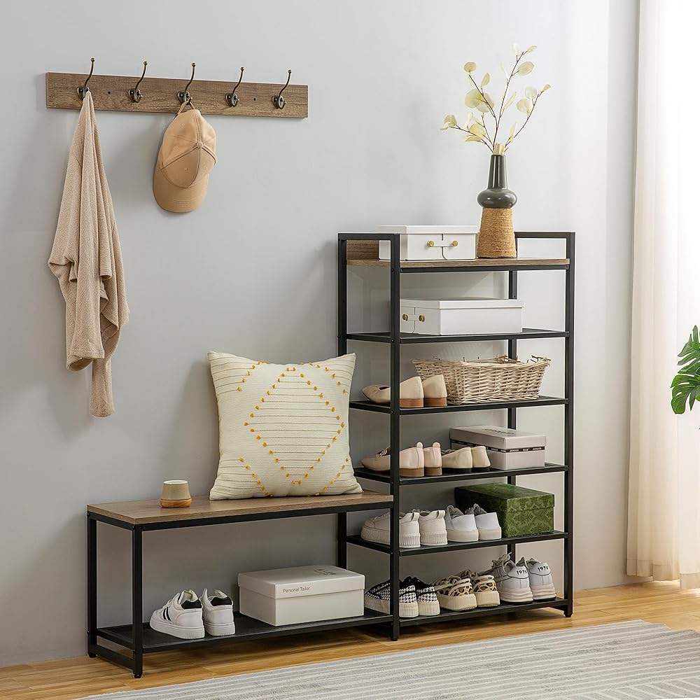 6-Tier Coat Rack Shoe Bench Set, Entryway Bench with 6 Hooks Coat Rack ...