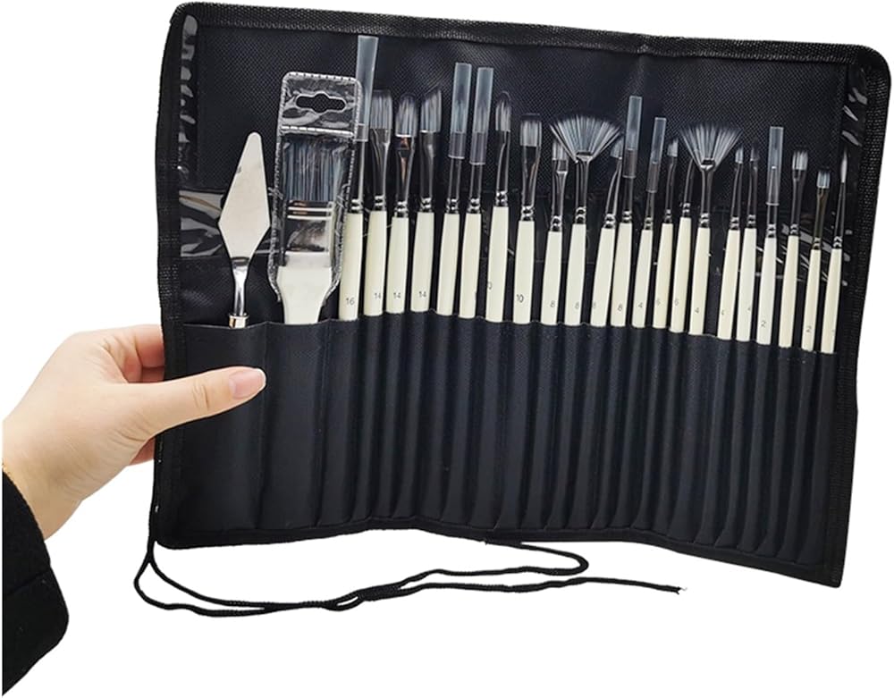 NMZAW-23 24 Nylon Hair Wooden Pen Oil Paintbrush Cloth Bag Gouache ...