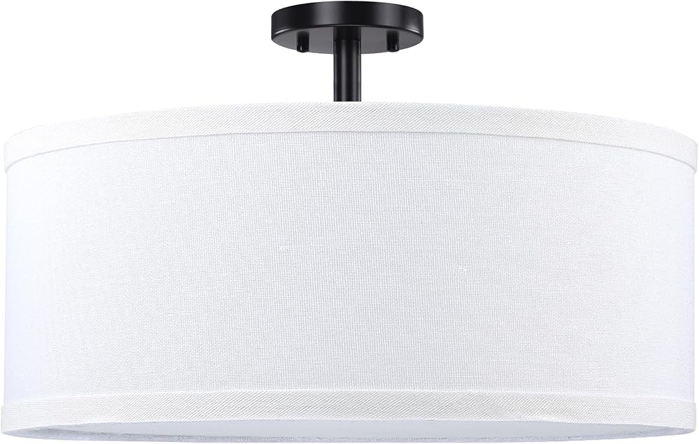 Semi Flush Mount Ceiling Light 20" Off White Linen Fabric Fixture Drum ...