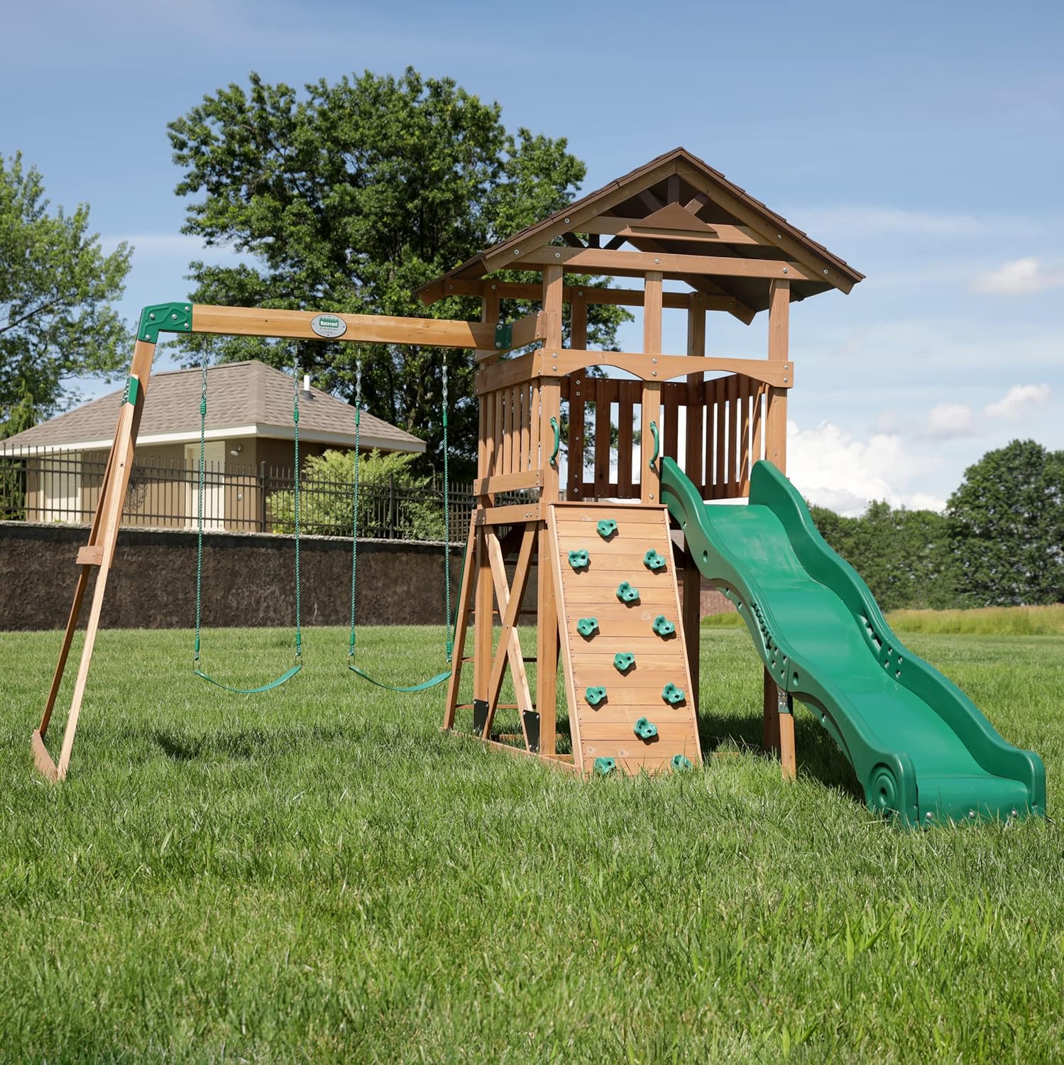 Lightning Ridge All Cedar Wooden Swing Set, Raised Clubhouse, 2 Belt ...