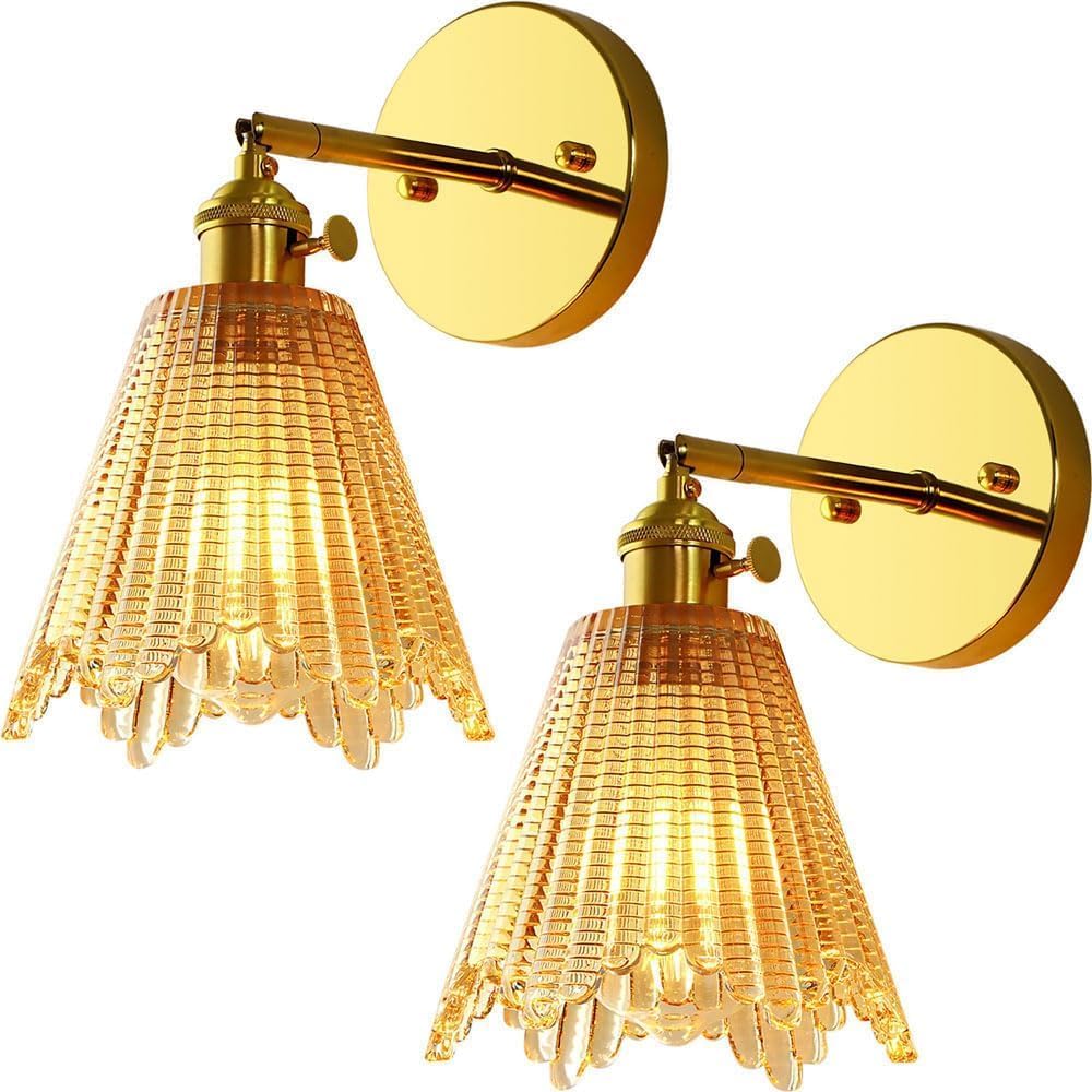 Gold Glass Wall Sconces Set of 2, Brass Sconce Amber Glass Shade with ...