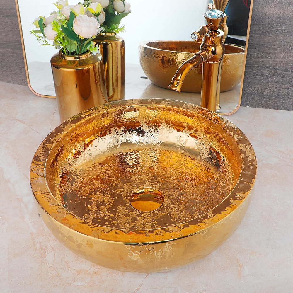 Gold Vessel Sinks Bowl Mixer Gold Faucet Luxury Gold Round Ceramic ...