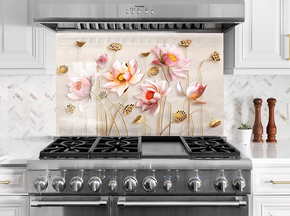 Myphotostation.com 30Wx20H''Tempered Glass Pink Floral Backsplash ...