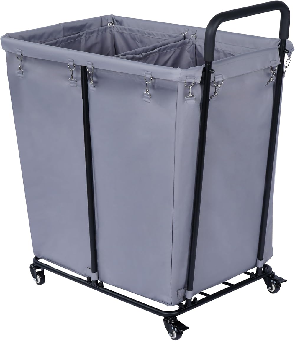2 Section Laundry Sorter Cart 280L Commercial Rolling Laundry Hamper ...