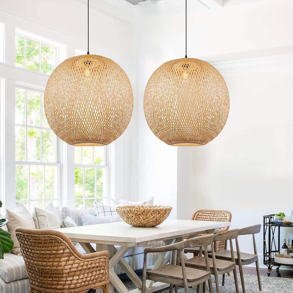 Arturesthome Round Bamboo Pendant Lights, Wicker Chandelier Hand-Woven Boho Basket Lampshade ...