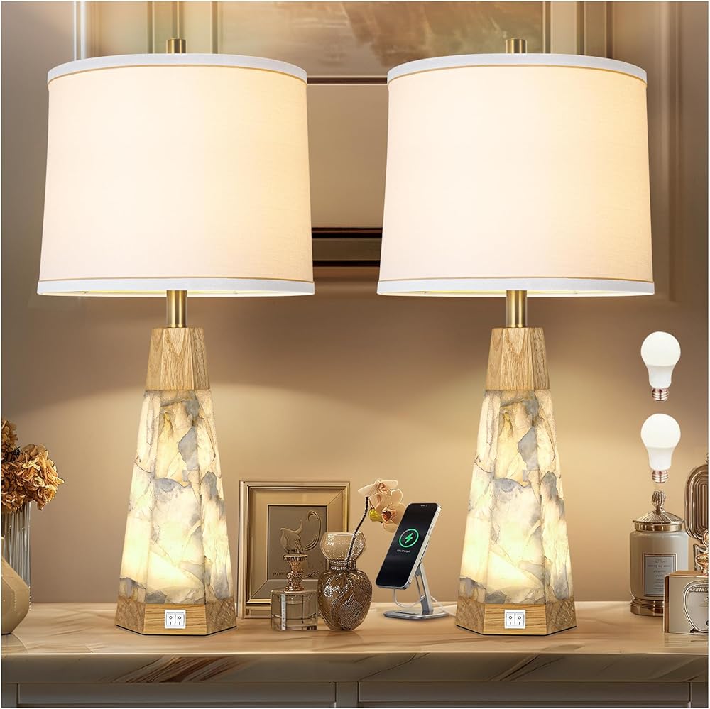Natural Alabaster And Real Wood Table Lamp Set of 2 With Night Light ...