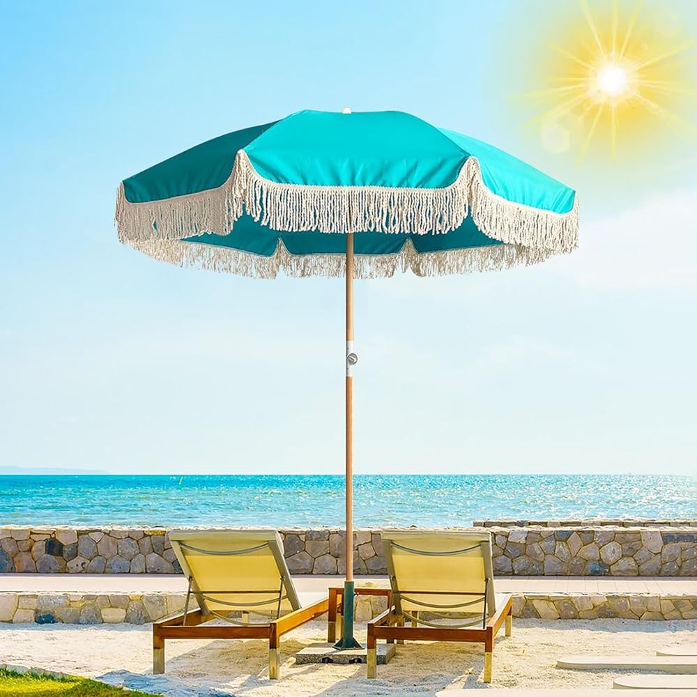 Blue Patio Umbrella With Tilt Beach Umbrellas For Sand UPF50+ Boho ...