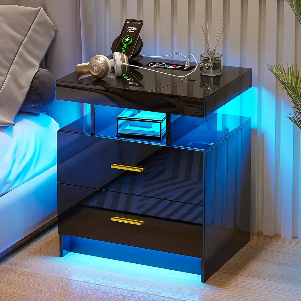 LED Nightstand with Charging Station, Modern Black Bedside Table with ...