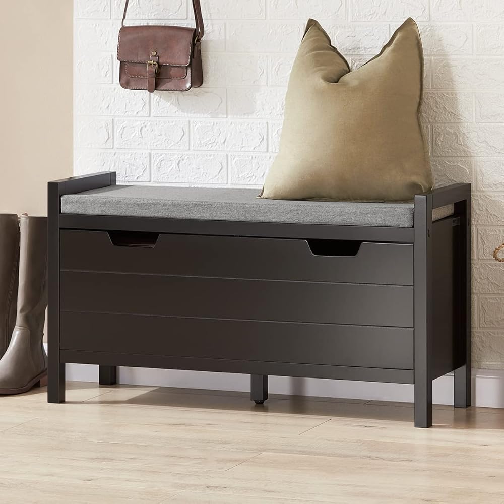 Haotian Storage Bench with Door and Padded Cushion, Shoe Bench, Black ...