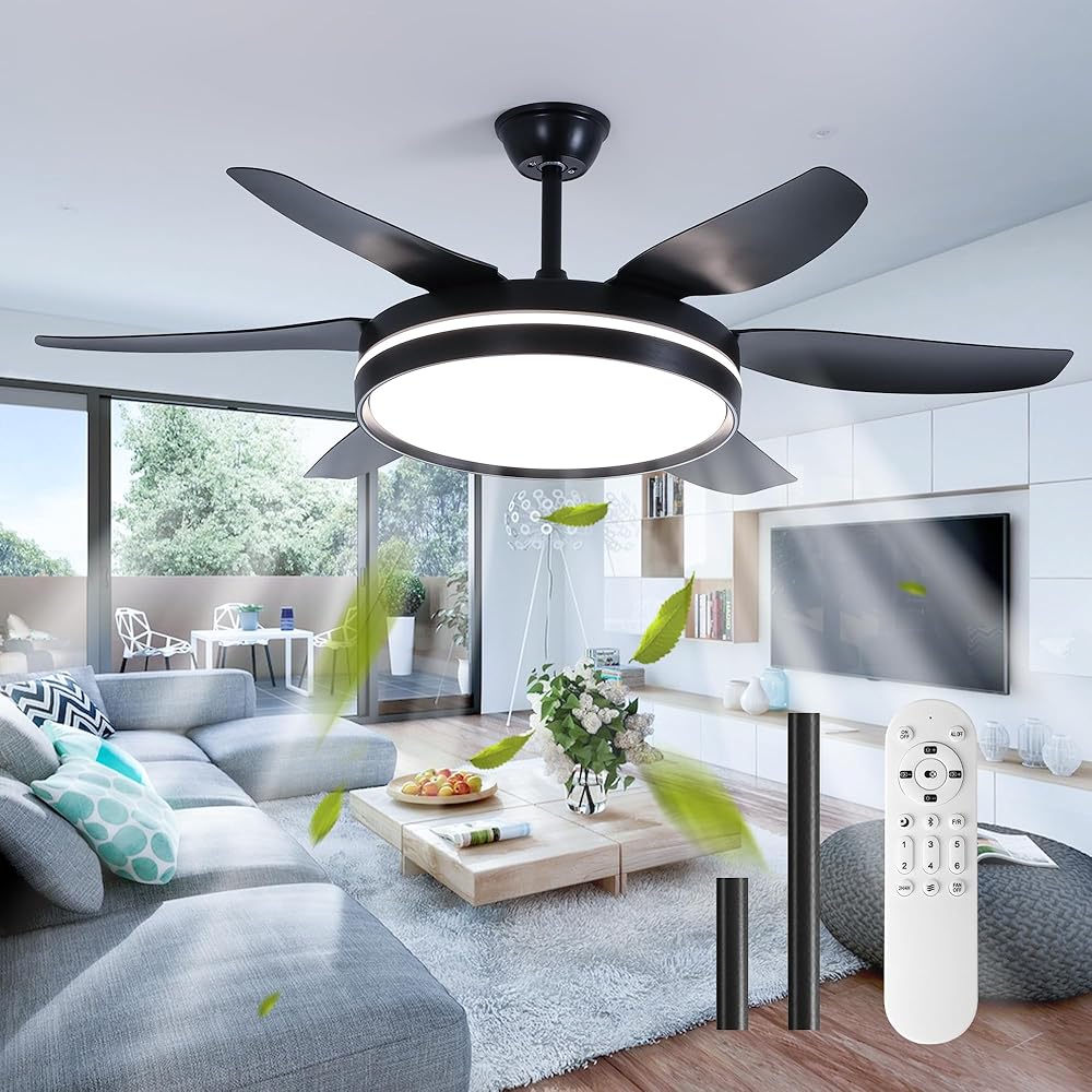 52IN Black Ceiling Fans with Light and Remote, Modern Ceiling Fan with ...