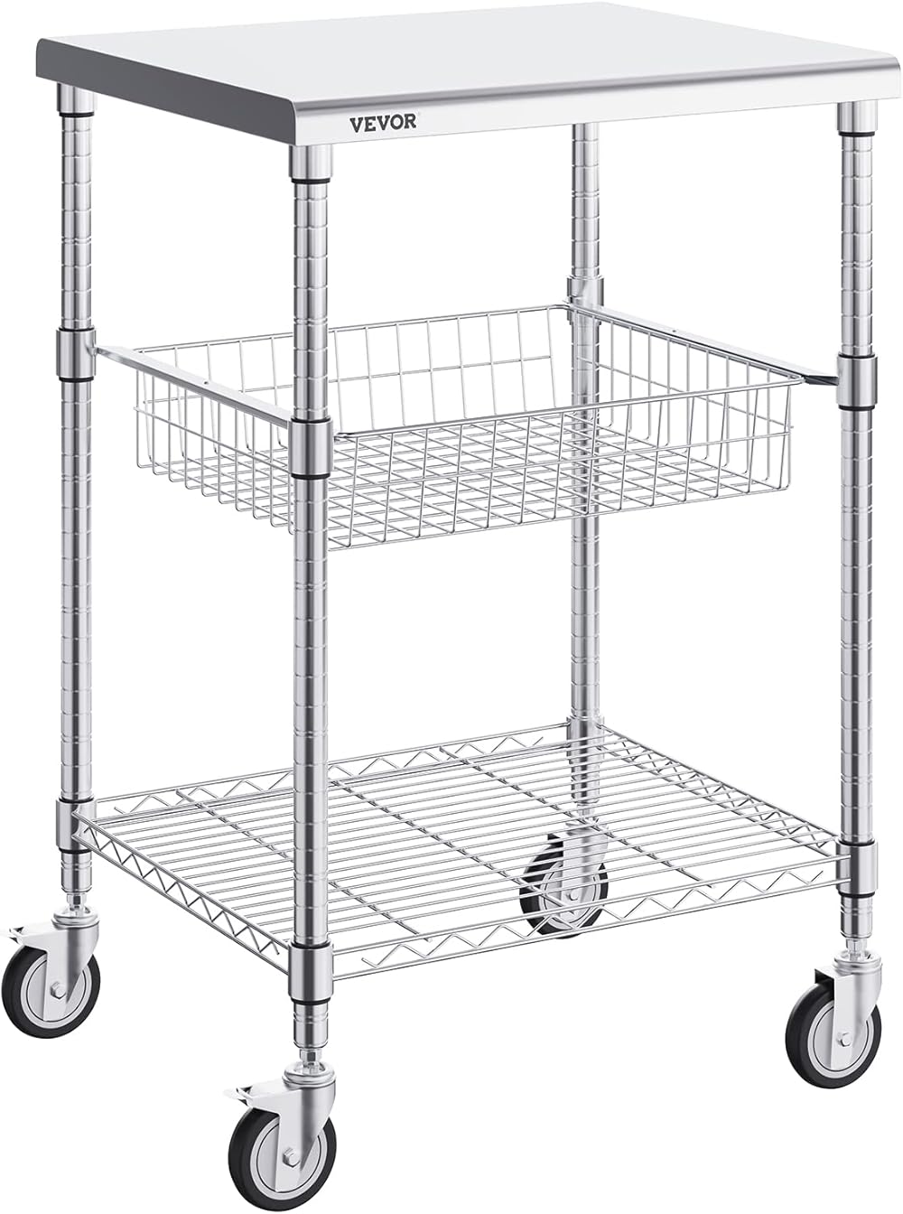 VEVOR Kitchen Utility Cart, 20"x24"x36.6" 3 Tiers Wire Rolling Cart ...