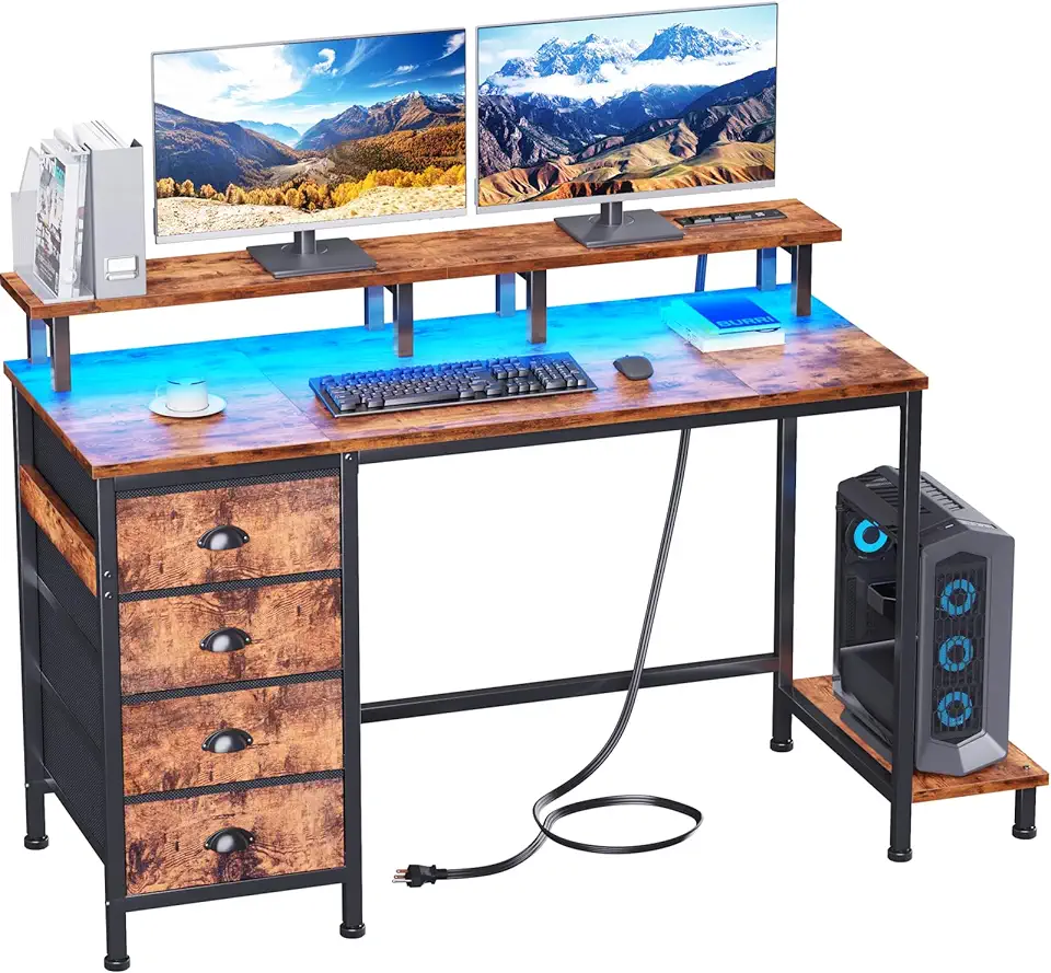 Furologee Desk with Power Outlets and LED Lights, 47in Gaming Computer ...