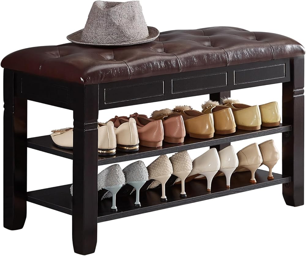 Shoe Storage Bench, Entryway Shoe Rack with Leather Seat 2-Tier Lift ...