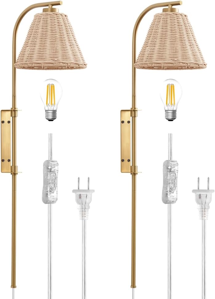 Rattan Wall Sconces Set of 2,Wall sconces with Rattan Fabric Shade ...