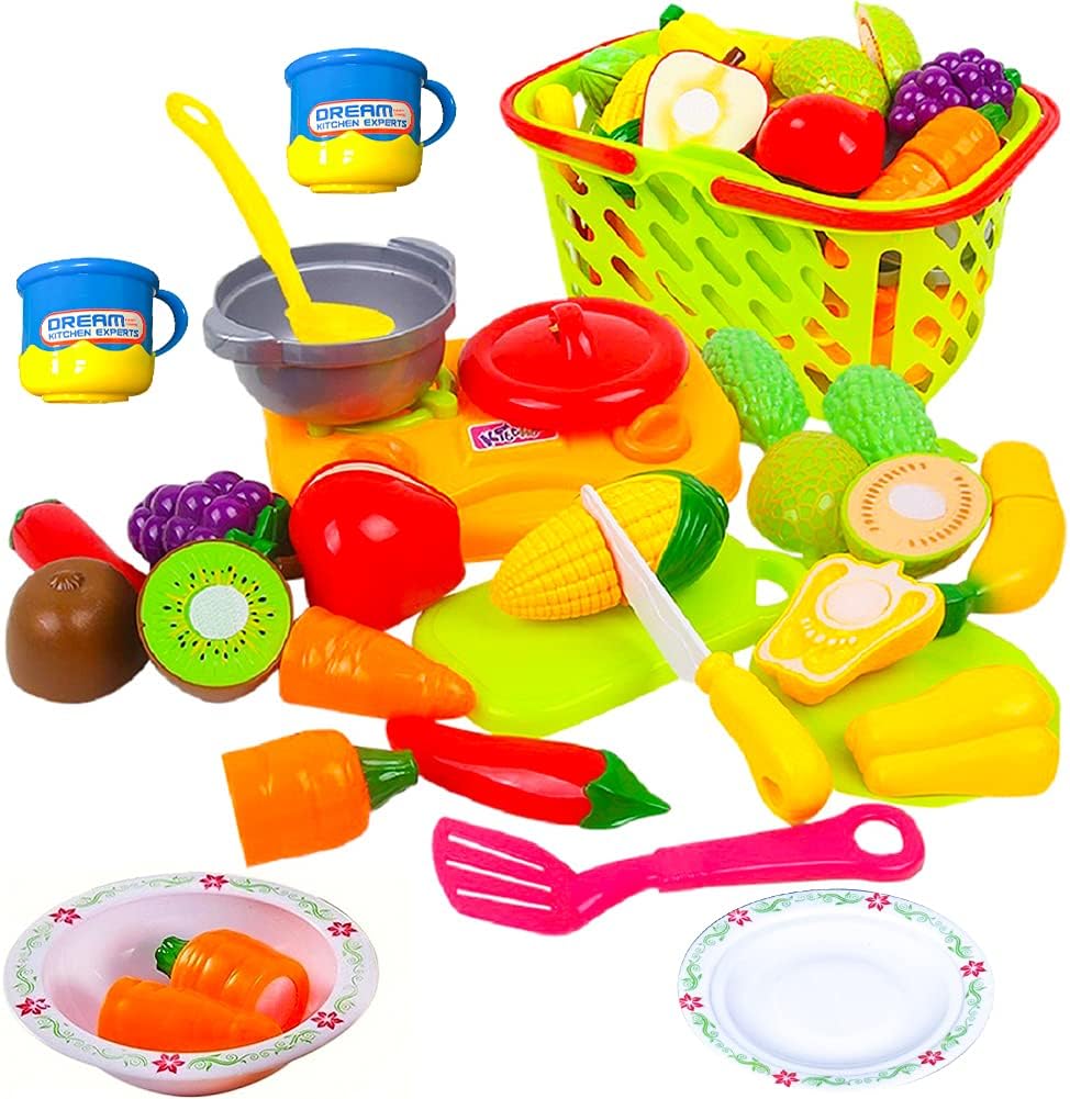 Cutting Play Food Set – Cuttable Play Vegetables and Fruits with ...
