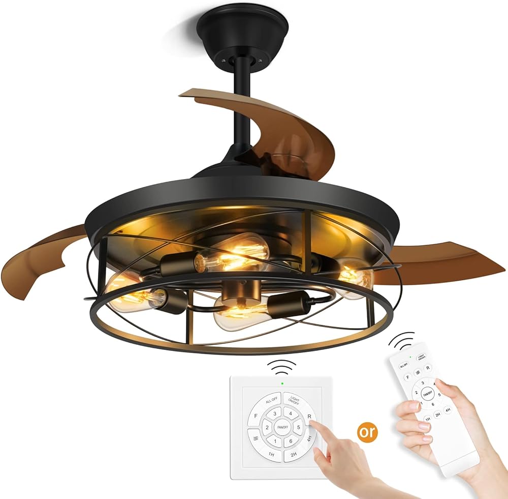 42Inch Retractable Ceiling Fans with Lights Remote Control Caged ...