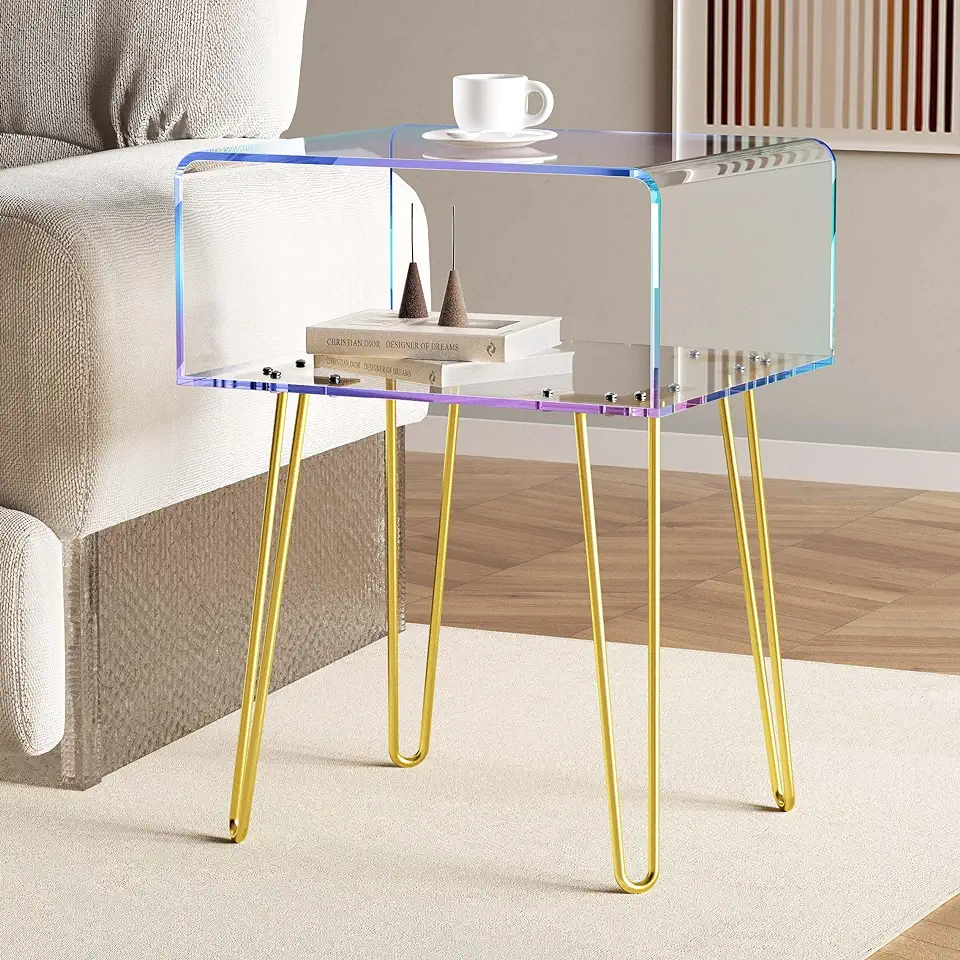 Acrylic End Table with Golden Metal Legs,Rainbow Transparent Coffee ...