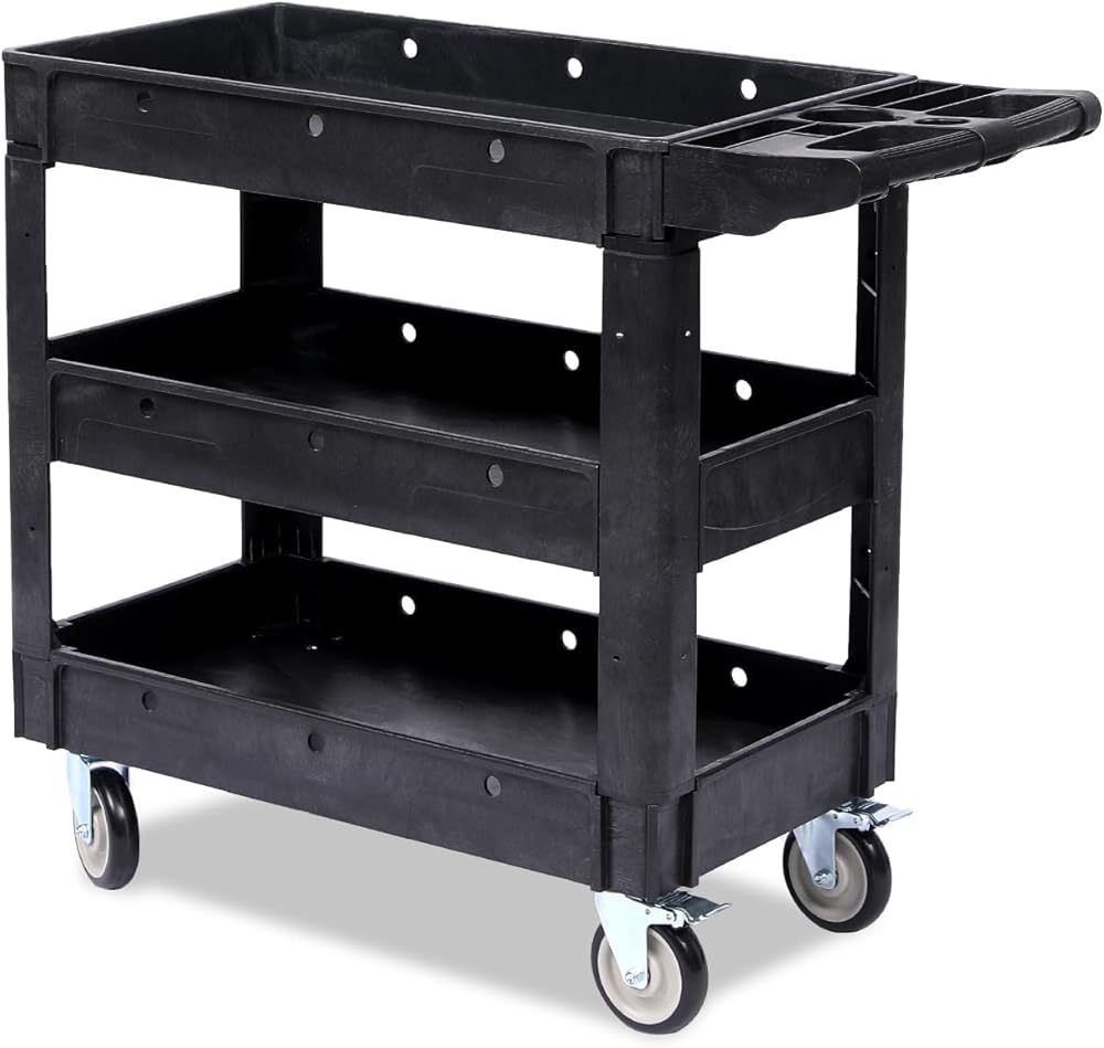 Utility Service Cart on Wheels,3 Shelf Heavy Duty Plastic Rolling ...