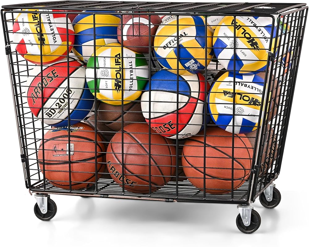 Mythinglogic Rolling Sports Ball Storage Cart, Sports Lockable Ball ...