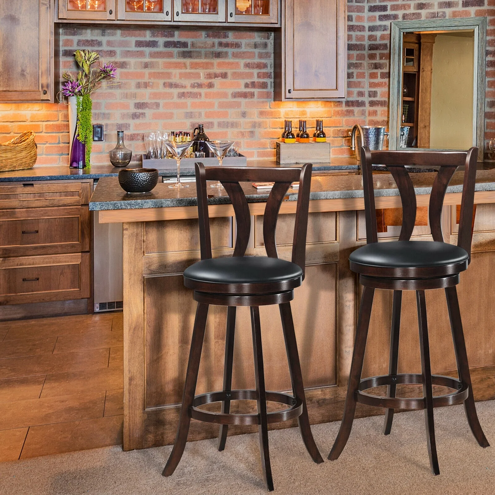 29" Bar Stools Set of 2 360° Swivel High Back Bar Height Stools with ...